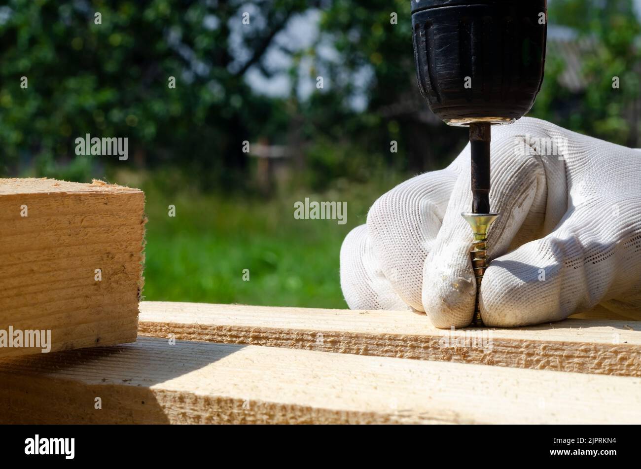 A hand with a screwdriver twists a screw into a wooden board ...