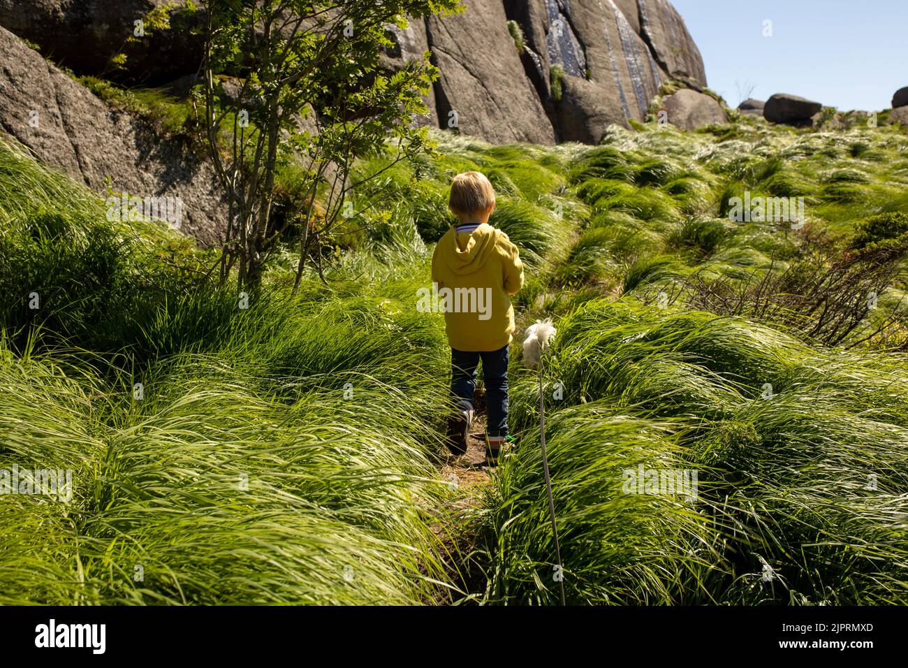 Happy people, enjoying amazing views in South Norway coastline, fjords ...