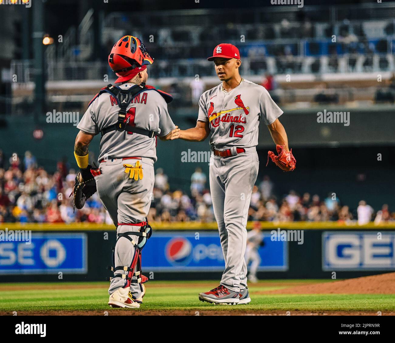 St. Louis Cardinals pitcher Jordan Hicks (12) celebrates with catcher ...