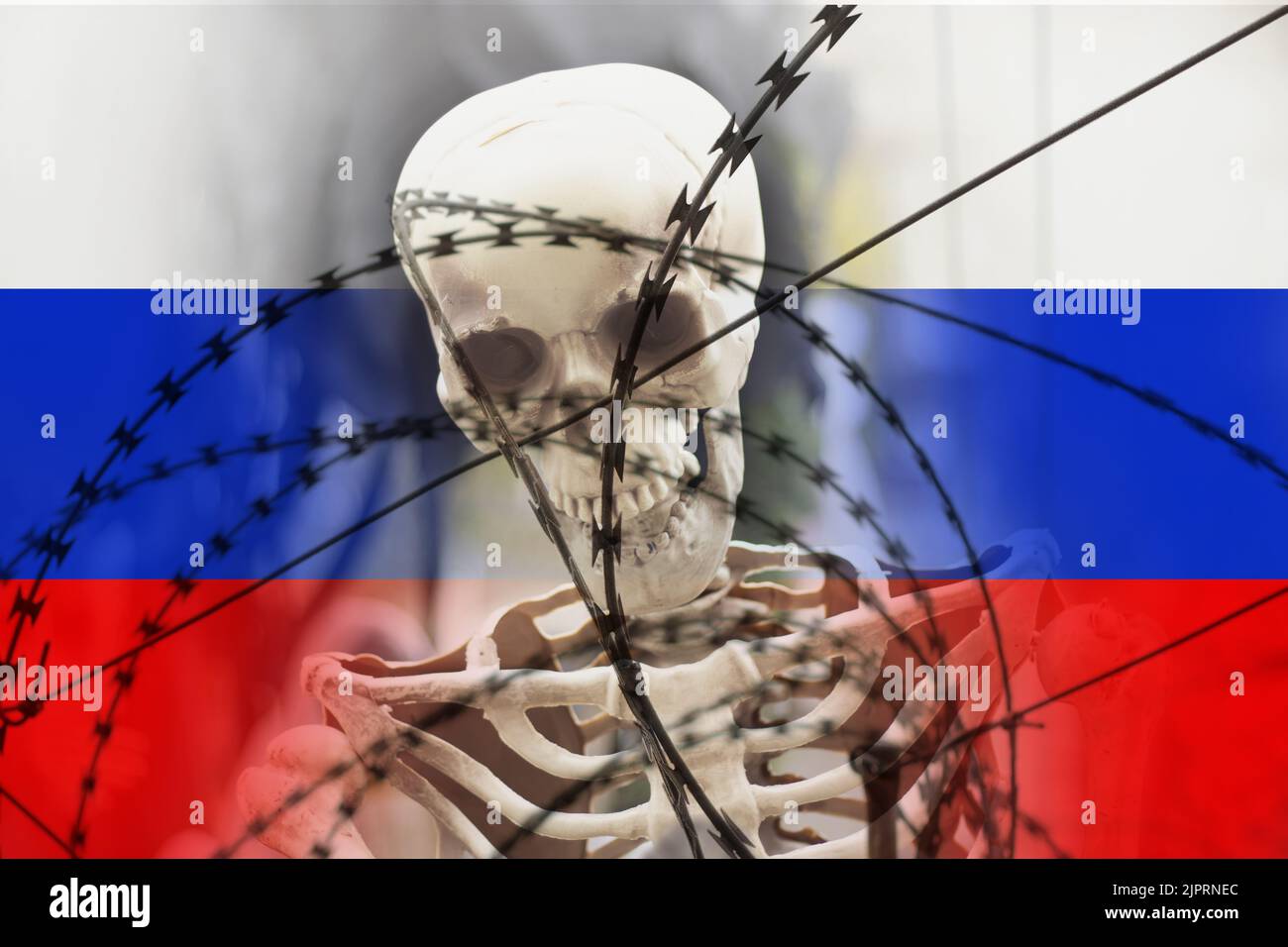 The flag of Russia against the background of a human skeleton on the ...