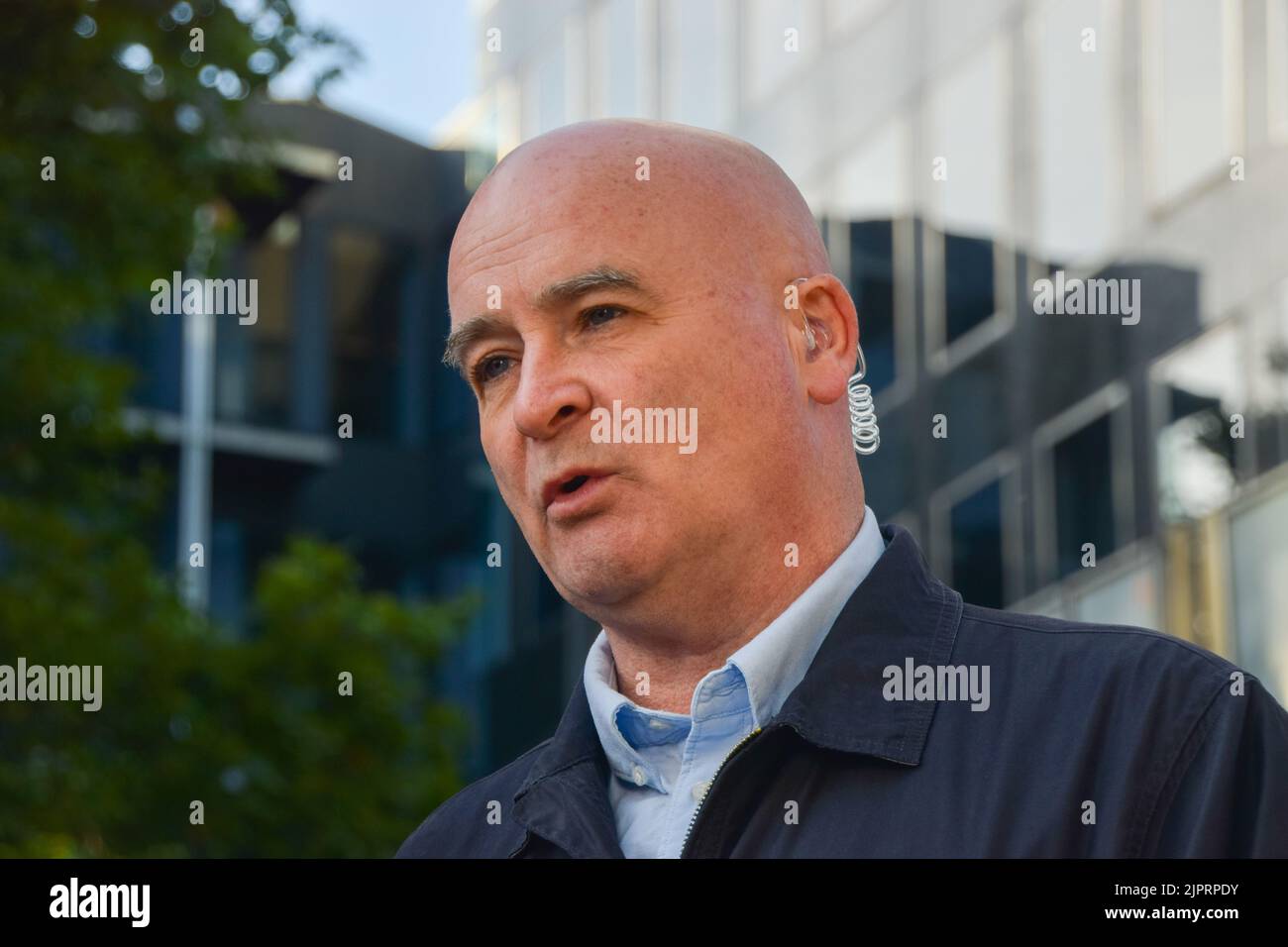 London, UK. 20th August 2022. RMT general secretary Mick Lynch gives an ...