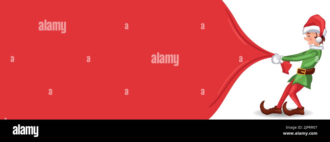 Merry christmas background with santa claus elf pulling bag of gifts ...