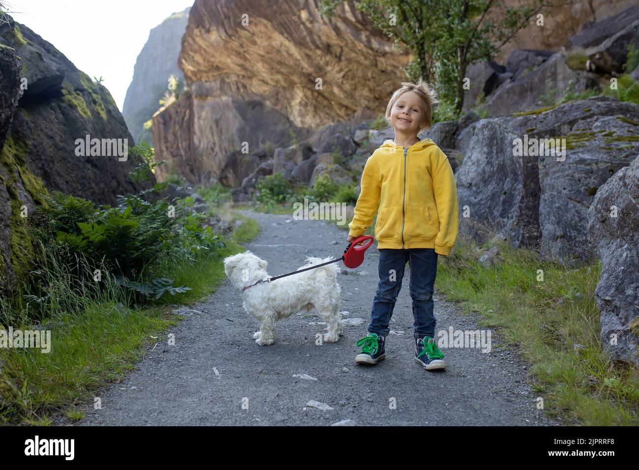 Happy people, enjoying amazing views in South Norway coastline, fjords ...