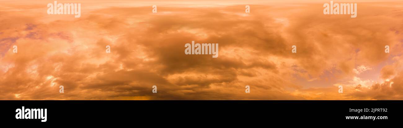 Golden glowing red orange overcast sunset sky panorama. Hdr seamless ...