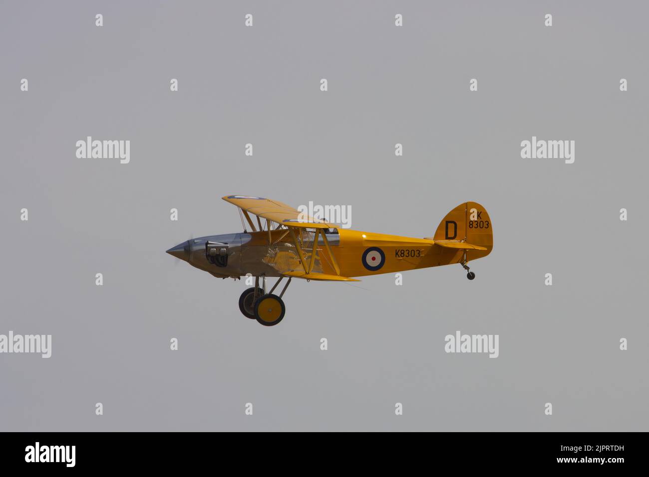 A yellow Isaacs Fury (replica 1935 Hawker Fury) aeroplane in flight ...