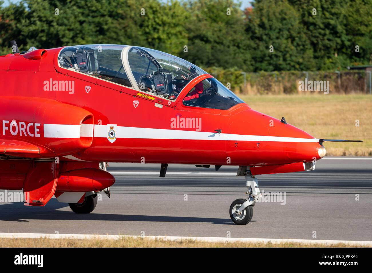 Royal Air Force Red Arrows display team BAe Hawk T.1 jet plane after landing at London Southend ...
