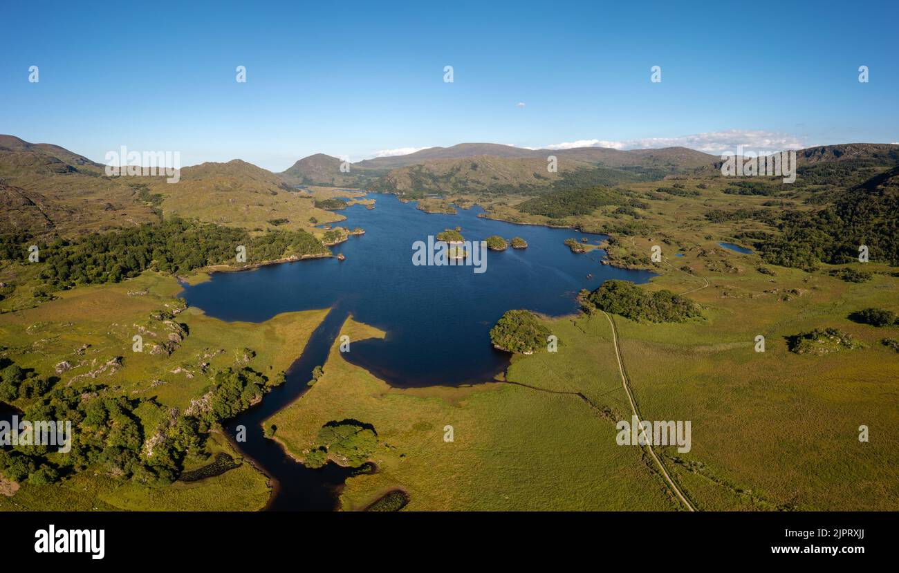 Aerial view of the Owengarriff River and Upper Lake in Killarney ...