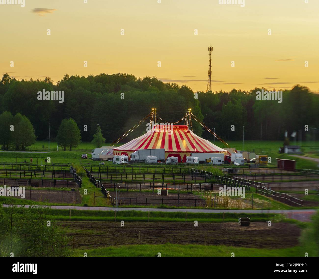 The striped circus tent on the green grass field before the woods at ...