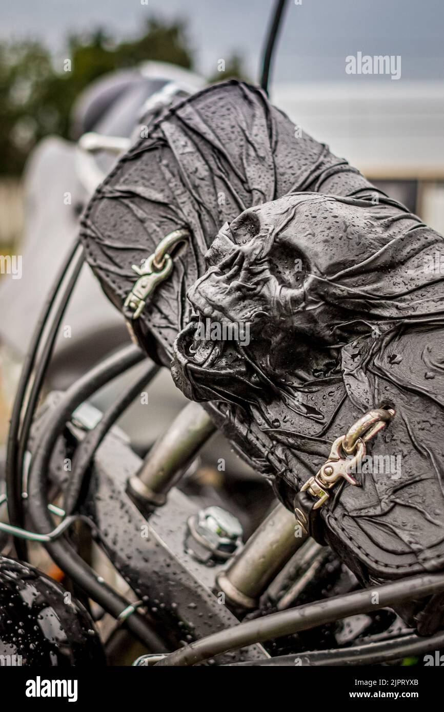 Biker leather bag. Accessory with a skull. Front trunk on a motorcycle ...