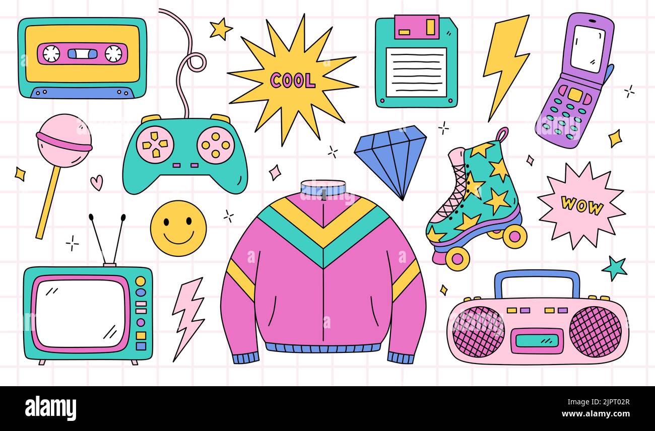 Bright doodle set of items from the nineties - retro cassette tape ...