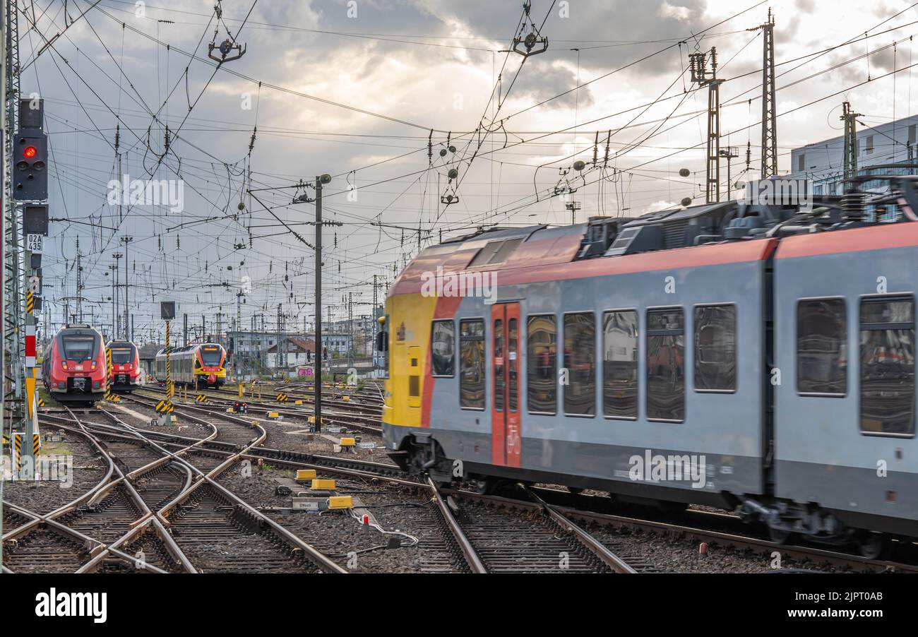 A view of trains and train tracks with the cloudy sky background Stock ...