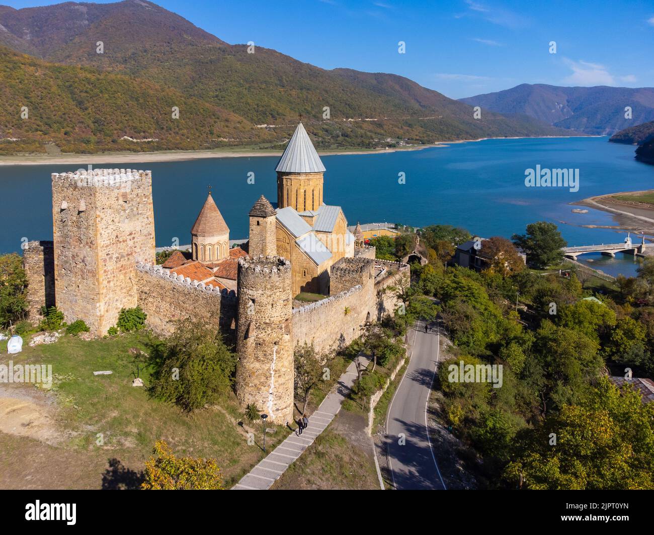Drone view of medieval Ananuri Fortress Stock Photo - Alamy