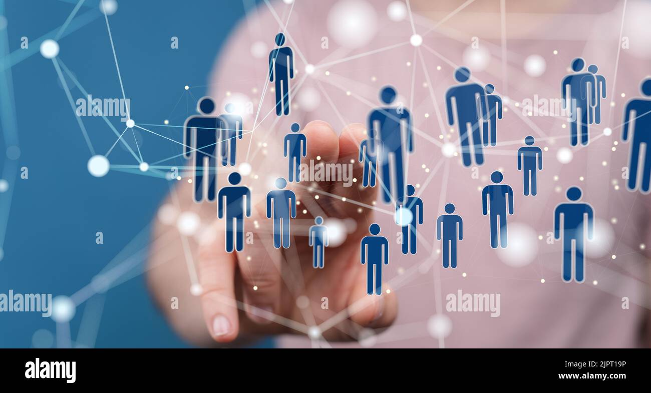 A man's hand pointing on 3d rendered people icons Stock Photo - Alamy