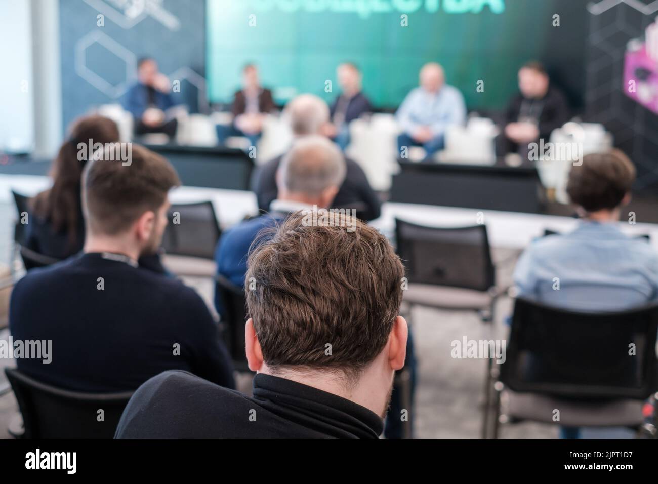 Group of people participating in business seminar in conference hall ...