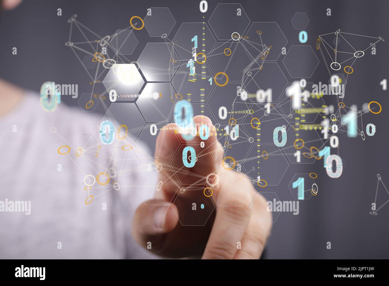 A man's hand pointing on 3d rendered binary codes Stock Photo - Alamy