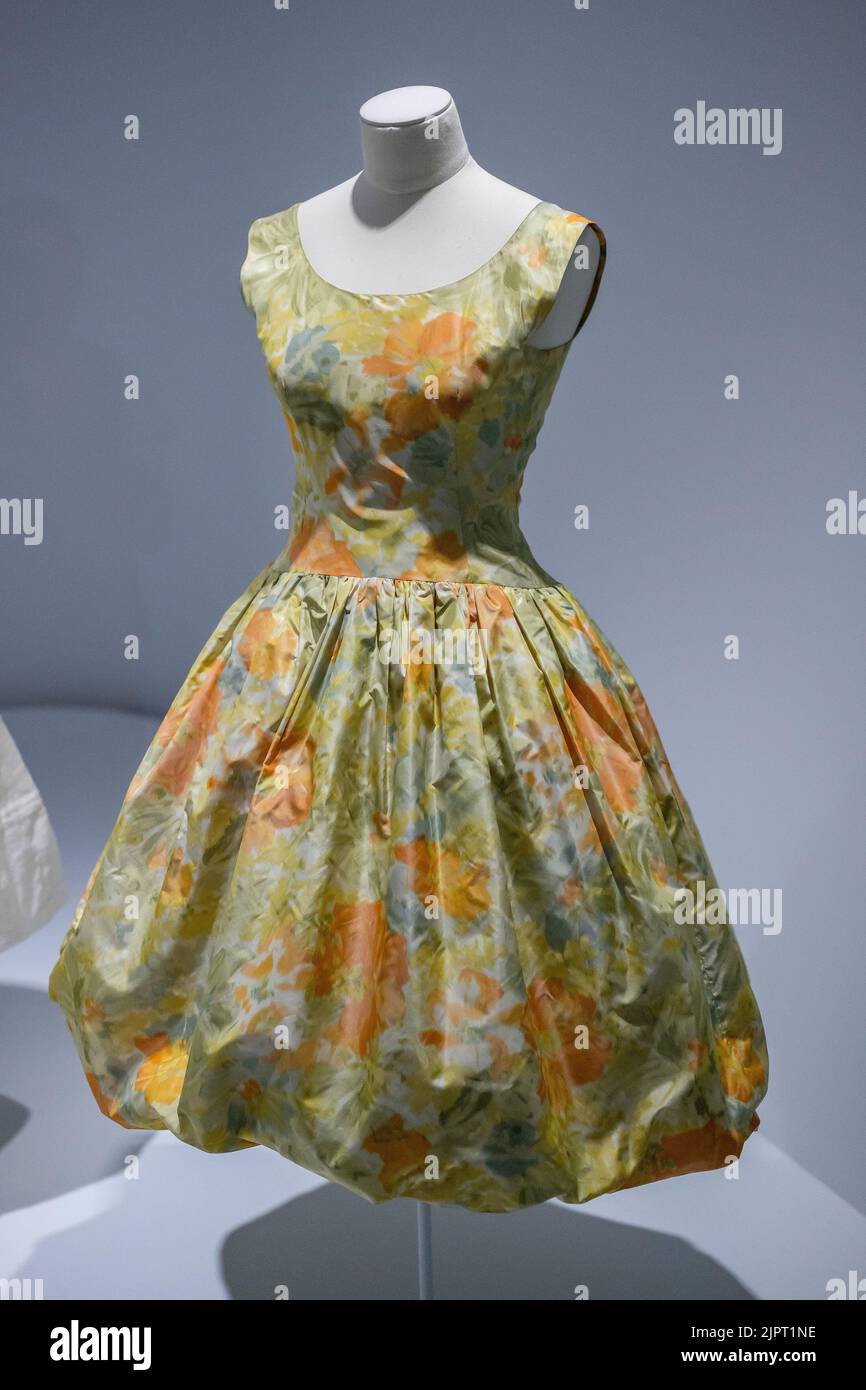 View of a silk cocktail dress exhibited in the "Balenciaga Character ...