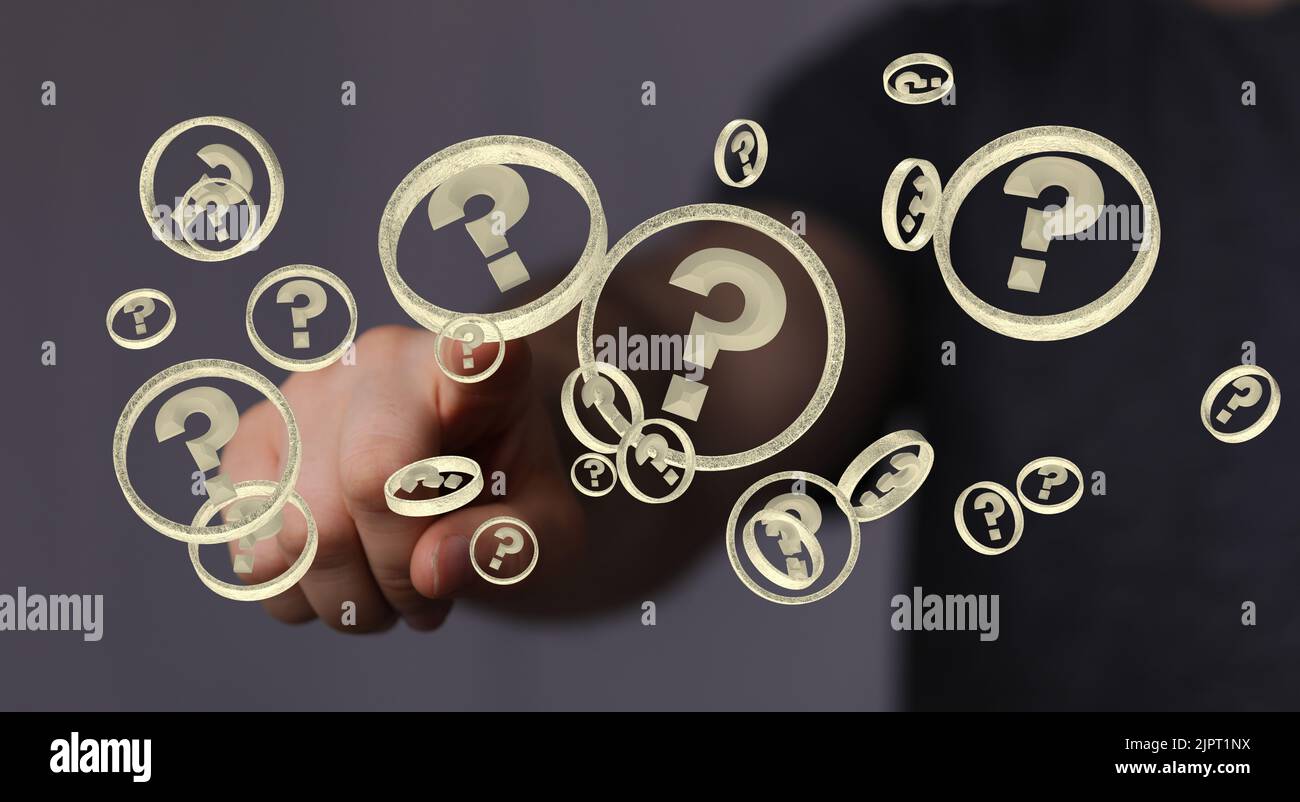 A man tapping the floating 3D rendered question mark icons Stock Photo - Alamy