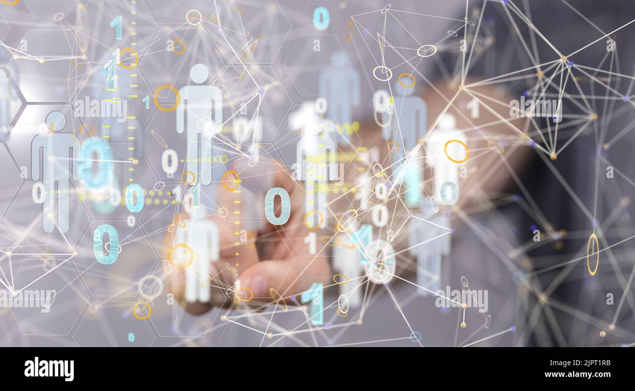 A man's hand pointing on 3d rendered people icons and binary codes Stock Photo - Alamy