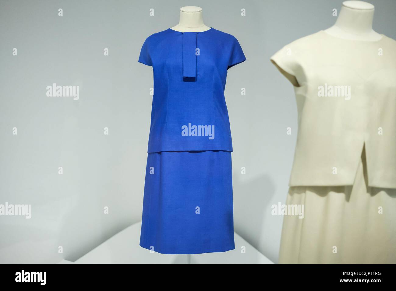 View of a blue linen dress exhibited in the "Balenciaga Character ...
