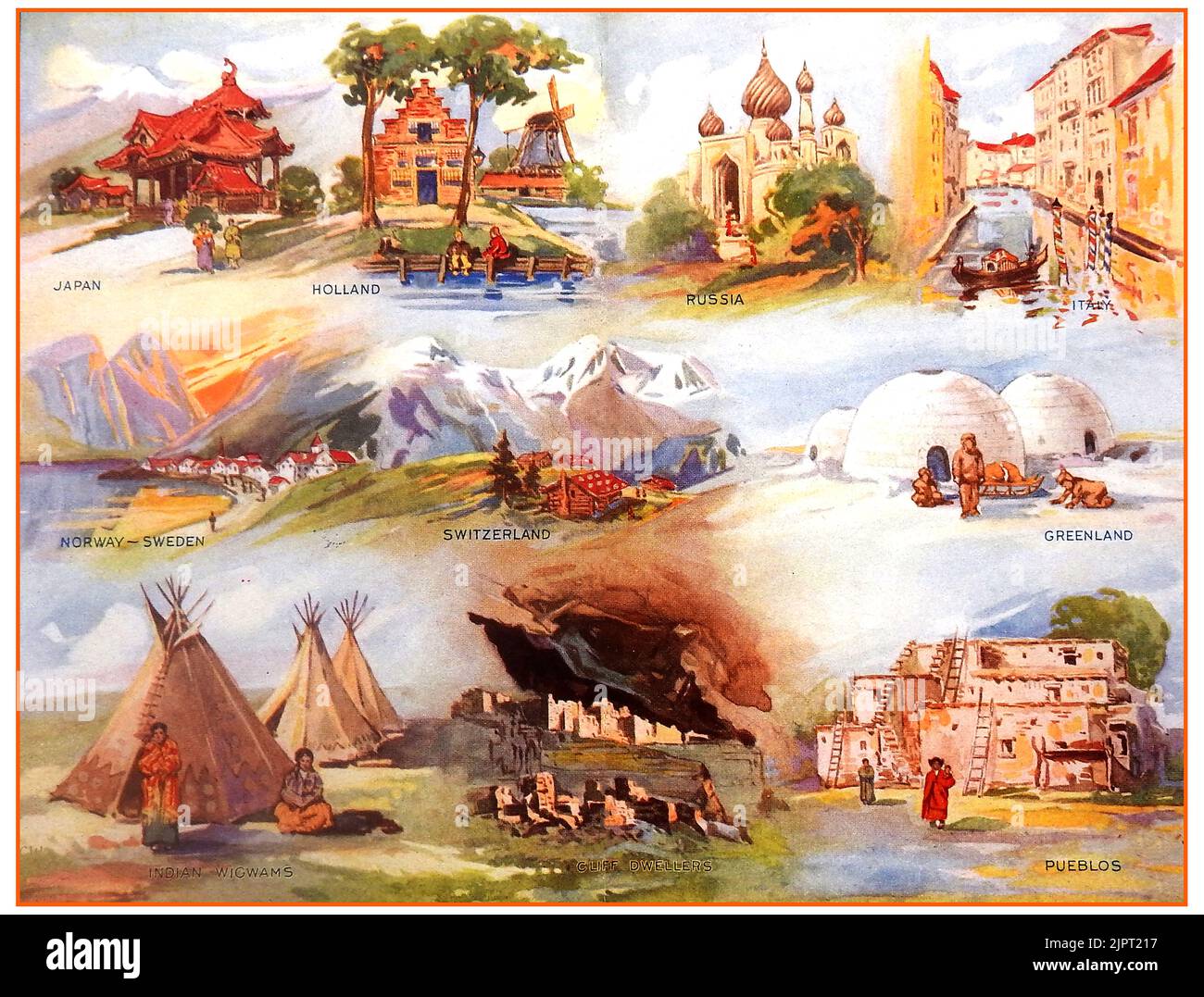 An early British coloured education identity chart showing dwellings ...