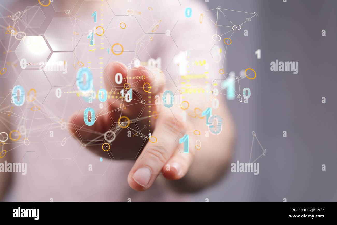 A man tapping a floating 3D rendered number icons Stock Photo - Alamy