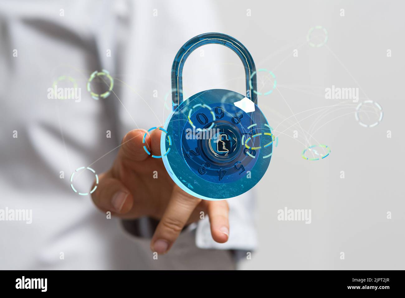 A man tapping floating 3D rendered lock icons Stock Photo - Alamy