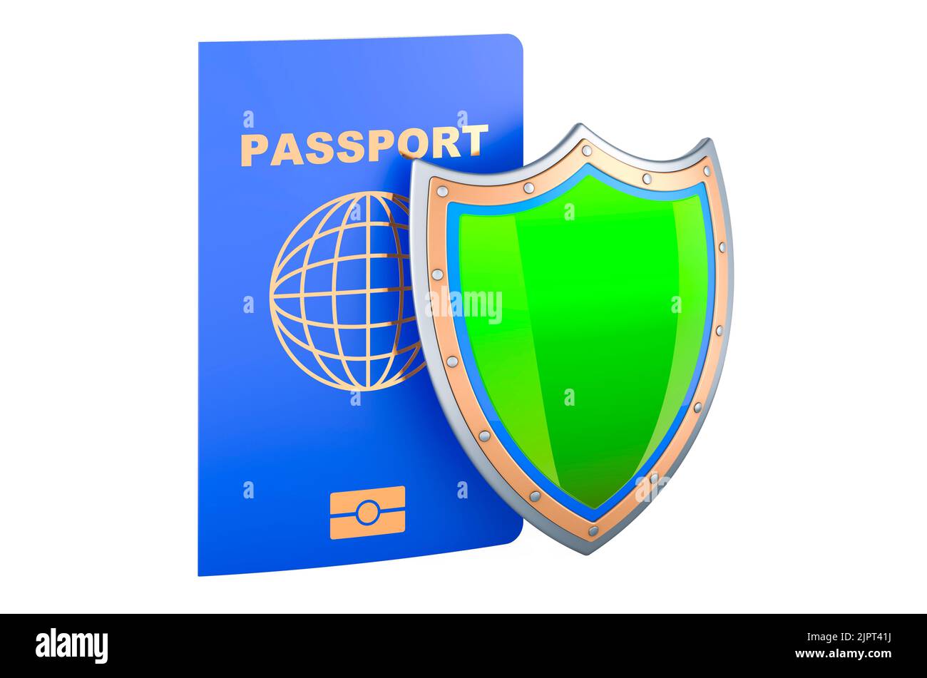 Passport with shield, 3D rendering isolated on white background Stock ...