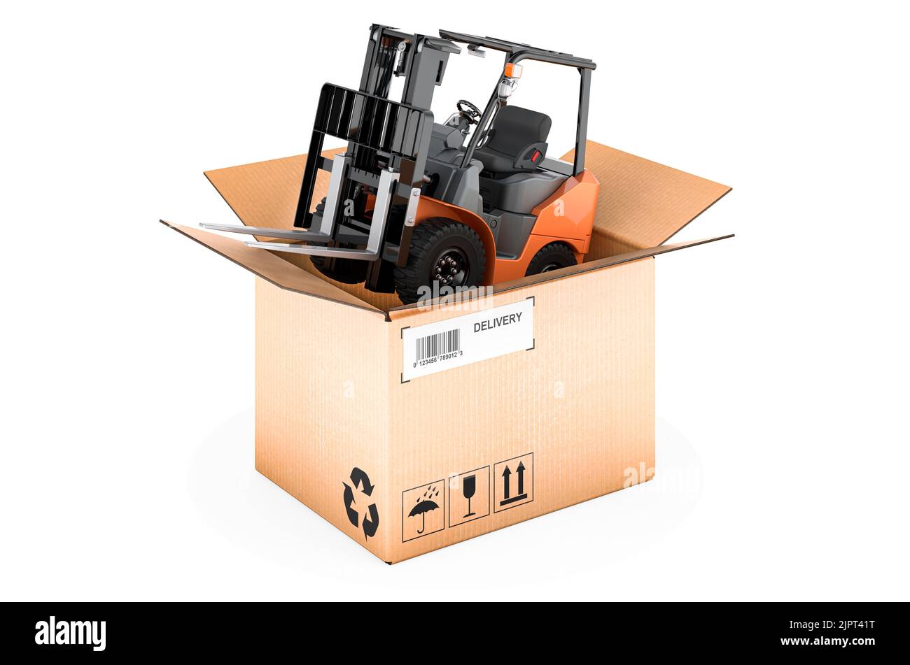 Forklift truck inside cardboard box, delivery concept. 3D rendering ...