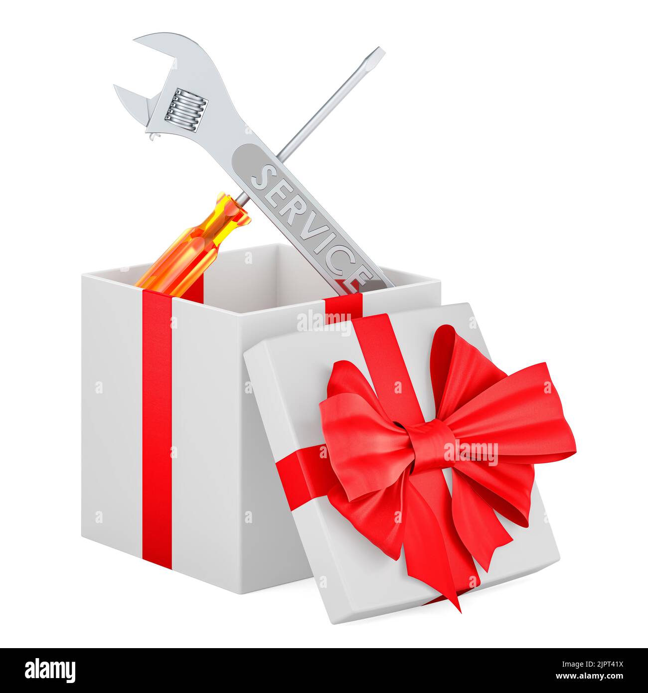 Screwdriver and wrench inside gift box, 3D rendering isolated on white ...