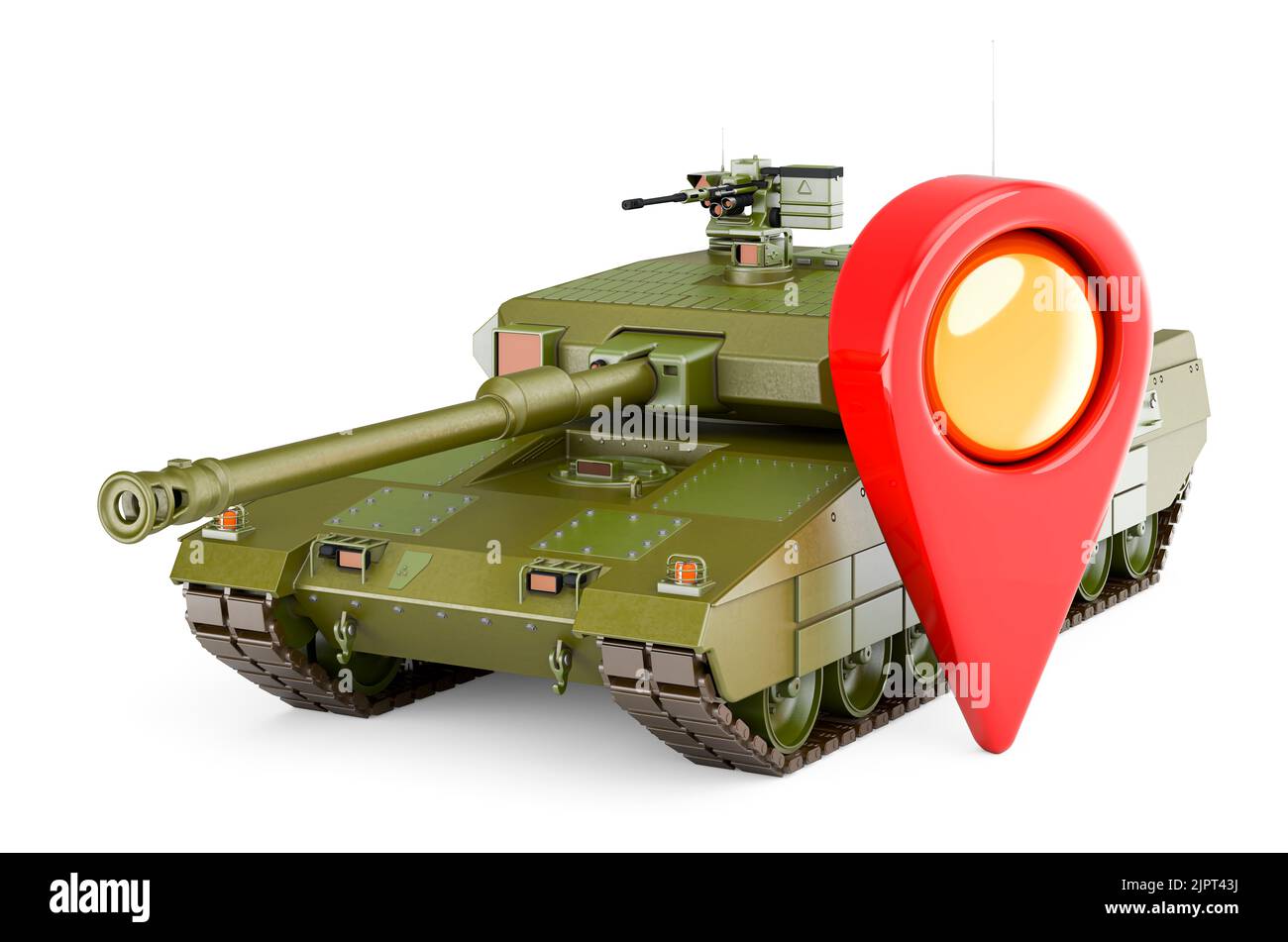 Battle tank with map pointer. 3D rendering isolated on white background ...