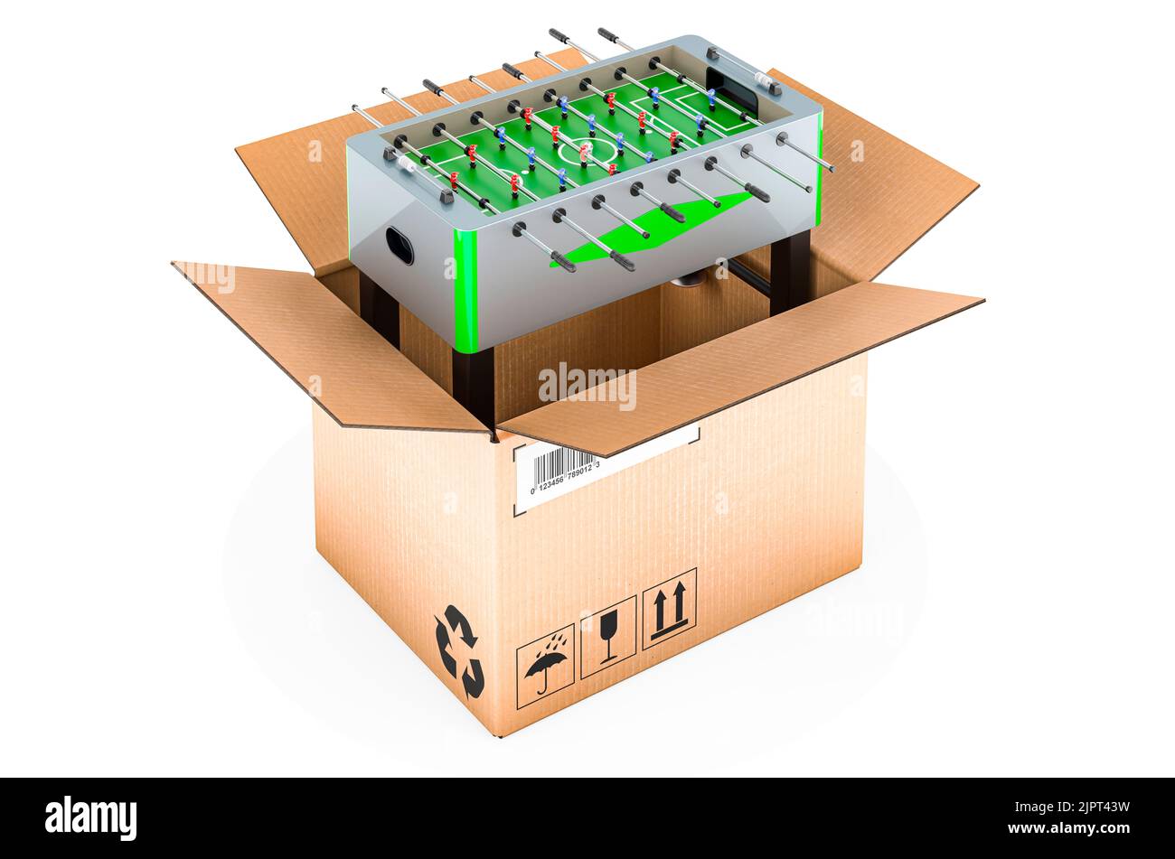 Table football inside cardboard box, delivery concept. 3D rendering ...