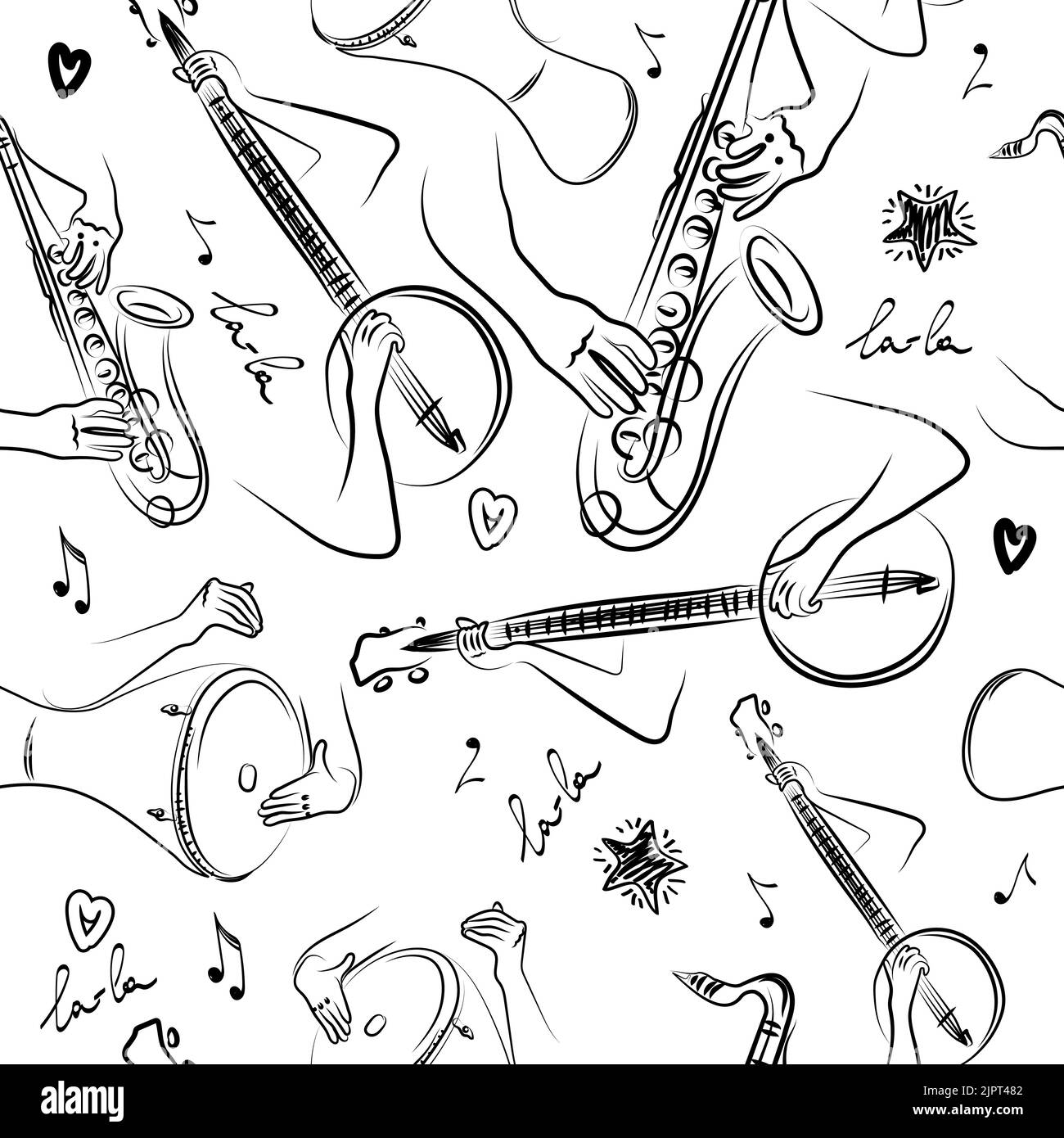 A seamless pattern of hands playing musical instruments, a hand-drawn ...