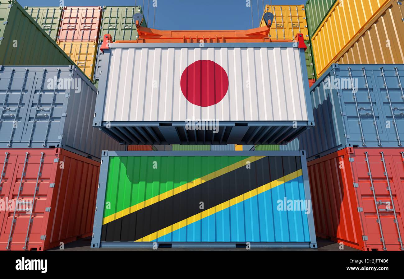 Cargo containers with Japan and Tanzania national flags. 3D Rendering ...
