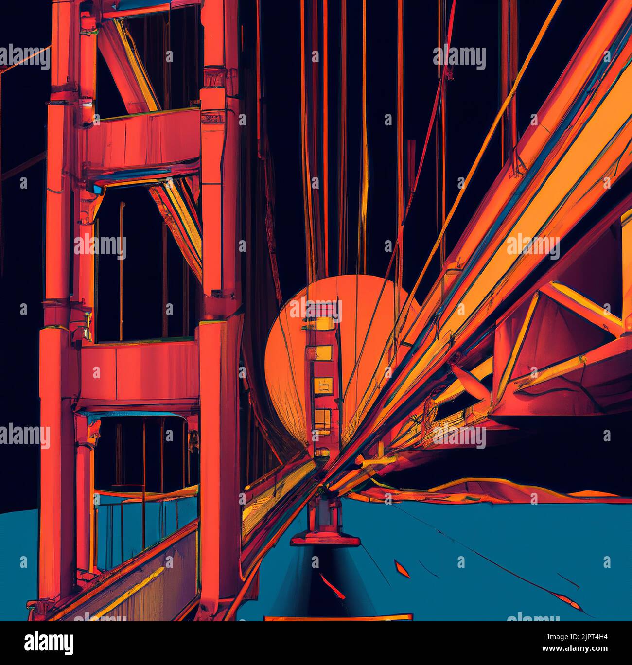 Cyberpunk retro illustration of Golden Gate Bridge in San Francisco ...