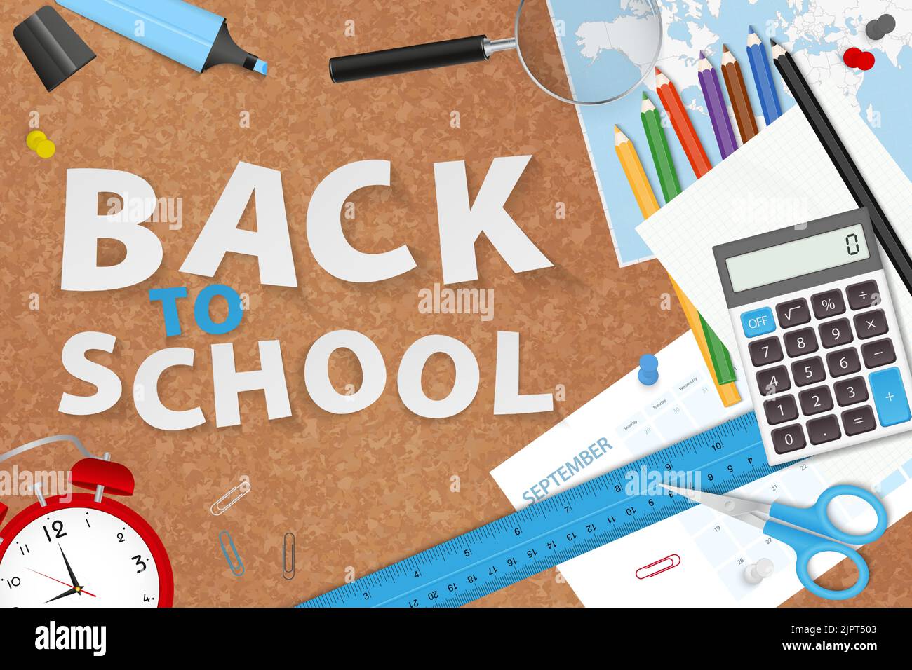 Back to School with school supplies placed on cork board. Back to ...