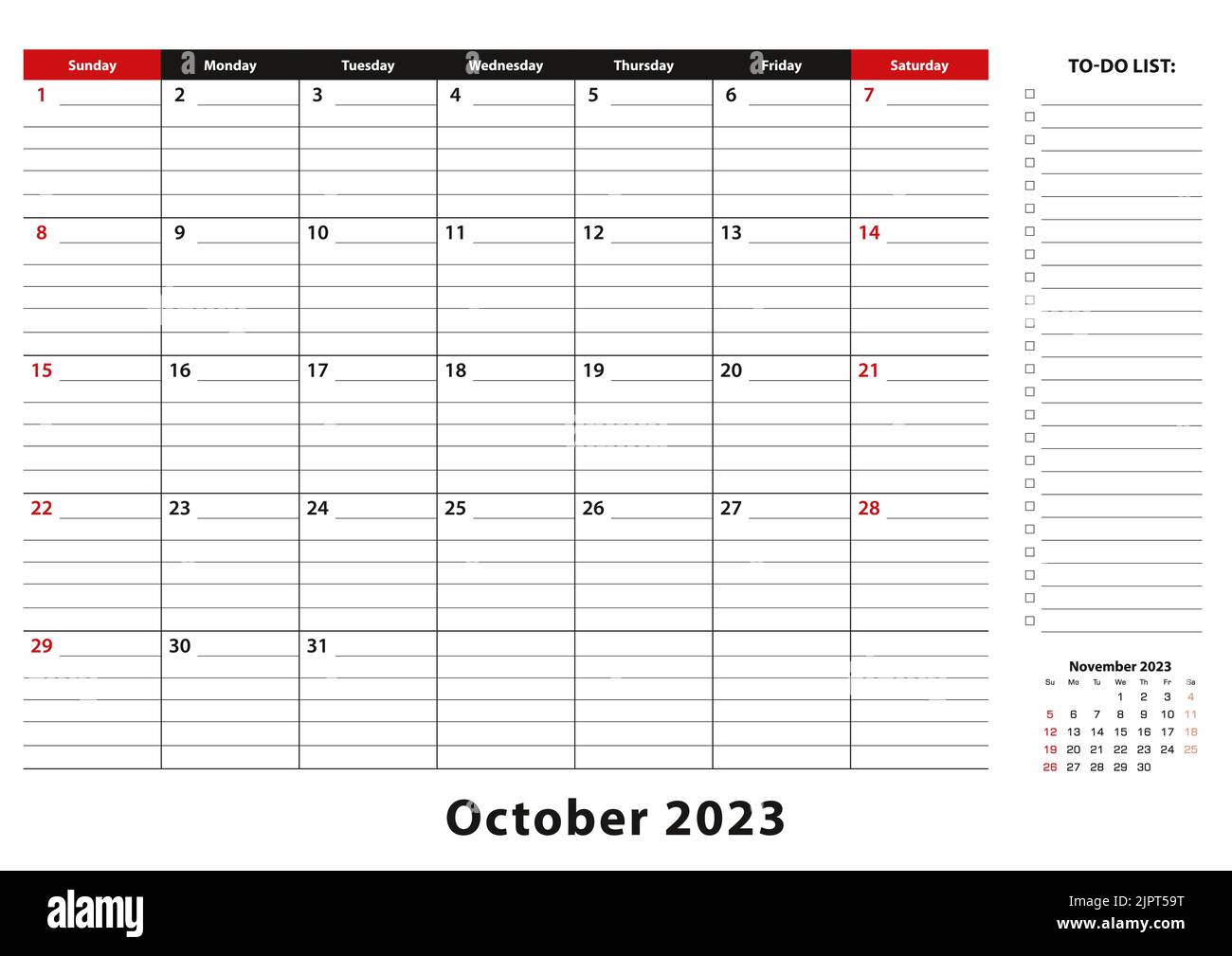 October 2023 Monthly Desk Pad Calendar week starts from sunday, size A3 ...