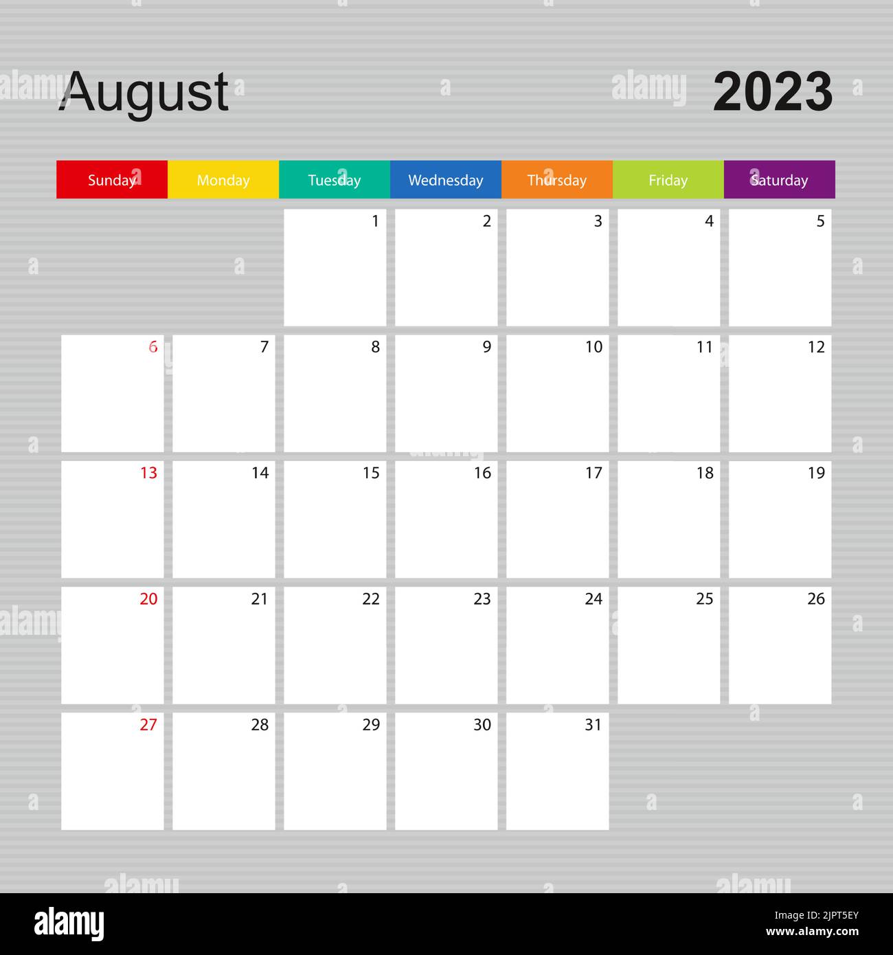 Calendar page for August 2023, wall planner with colorful design. Week ...