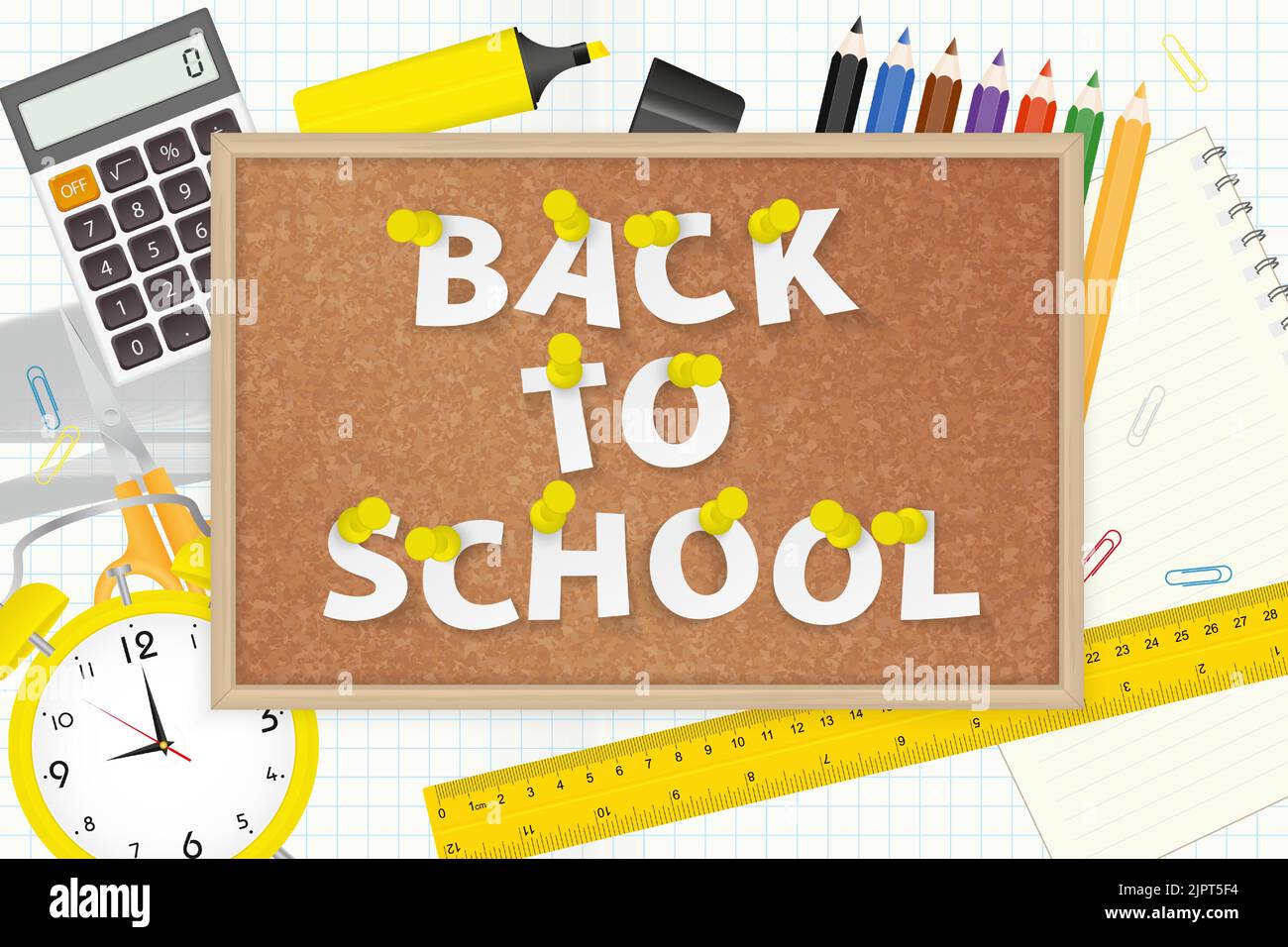 Back to school letters pinned on cork board, schools stationary background. Vector illustration ...