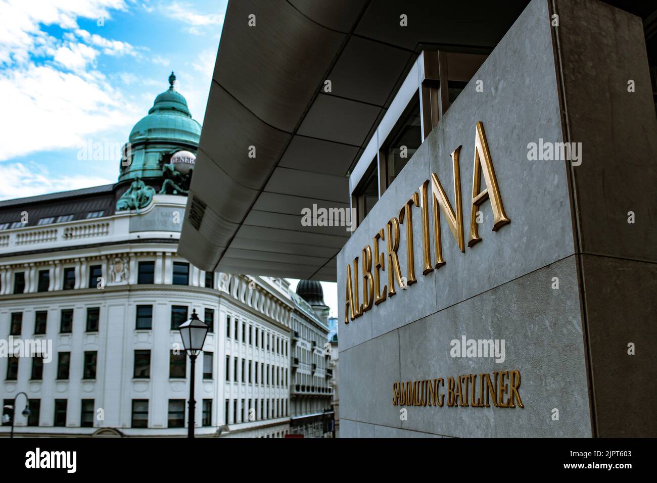 The Albertina Art Museum wall against the building and sky. Vienna ...