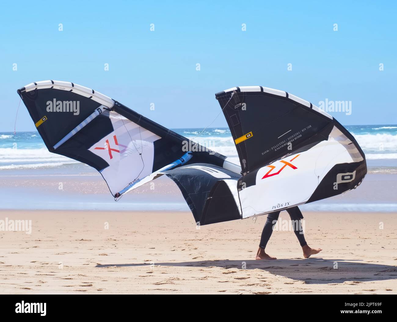 Core kite surfing umbrella in black and white at the beach Stock Photo ...