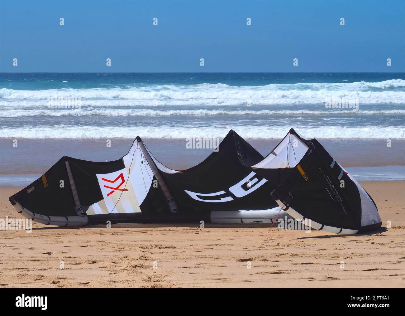 Core kite surfing umbrella in black and white at the beach Stock Photo ...