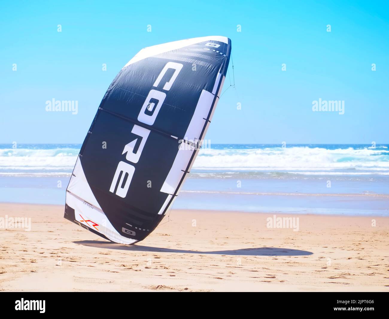 Core kite surfing umbrella in black and white at the beach Stock Photo ...