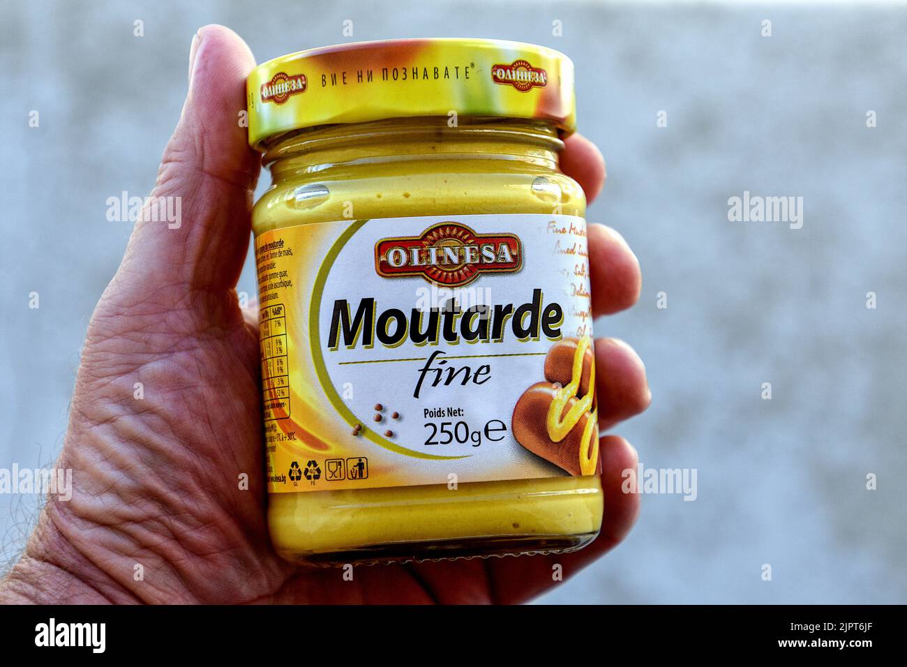 In this photo illustration, a jar of mustard from the Bulgarian Olinesa ...