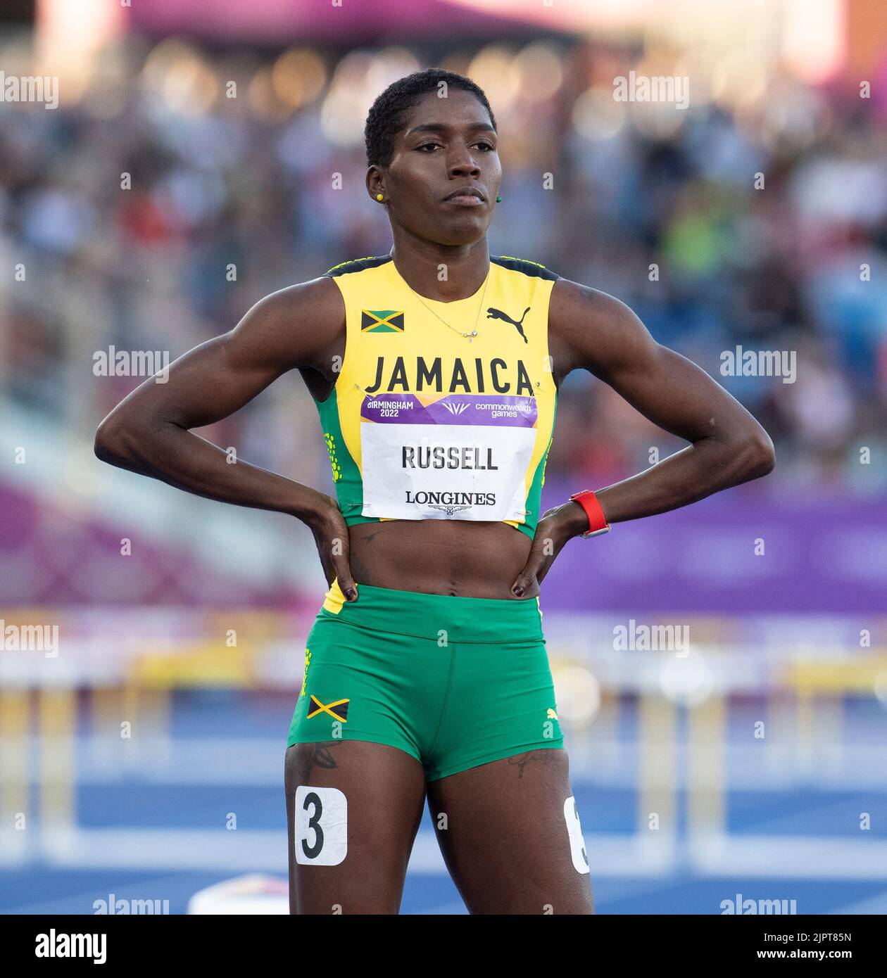 Janieve Russell of Jamaica competing in the women’s 400m hurdles heats ...