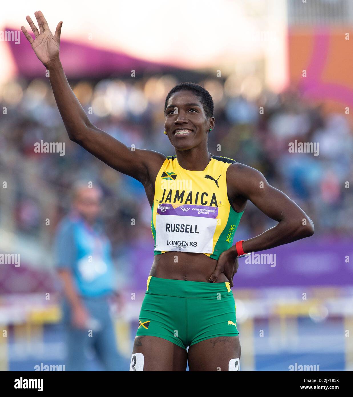 Janieve Russell of Jamaica competing in the women’s 400m hurdles heats ...