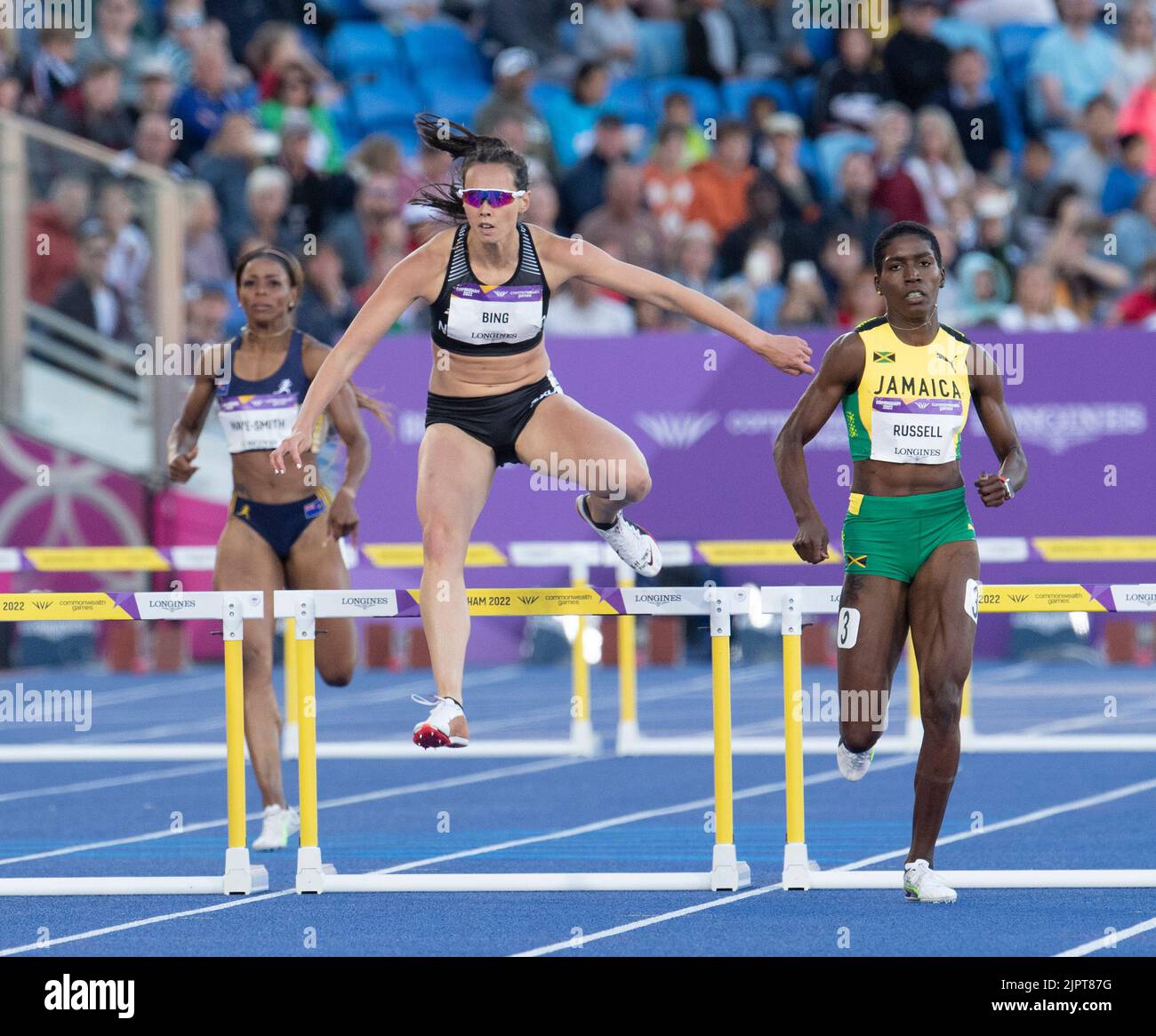 Portia Bing of New Zealand competing in the women’s 400m hurdles heats at the Commonwealth Games ...