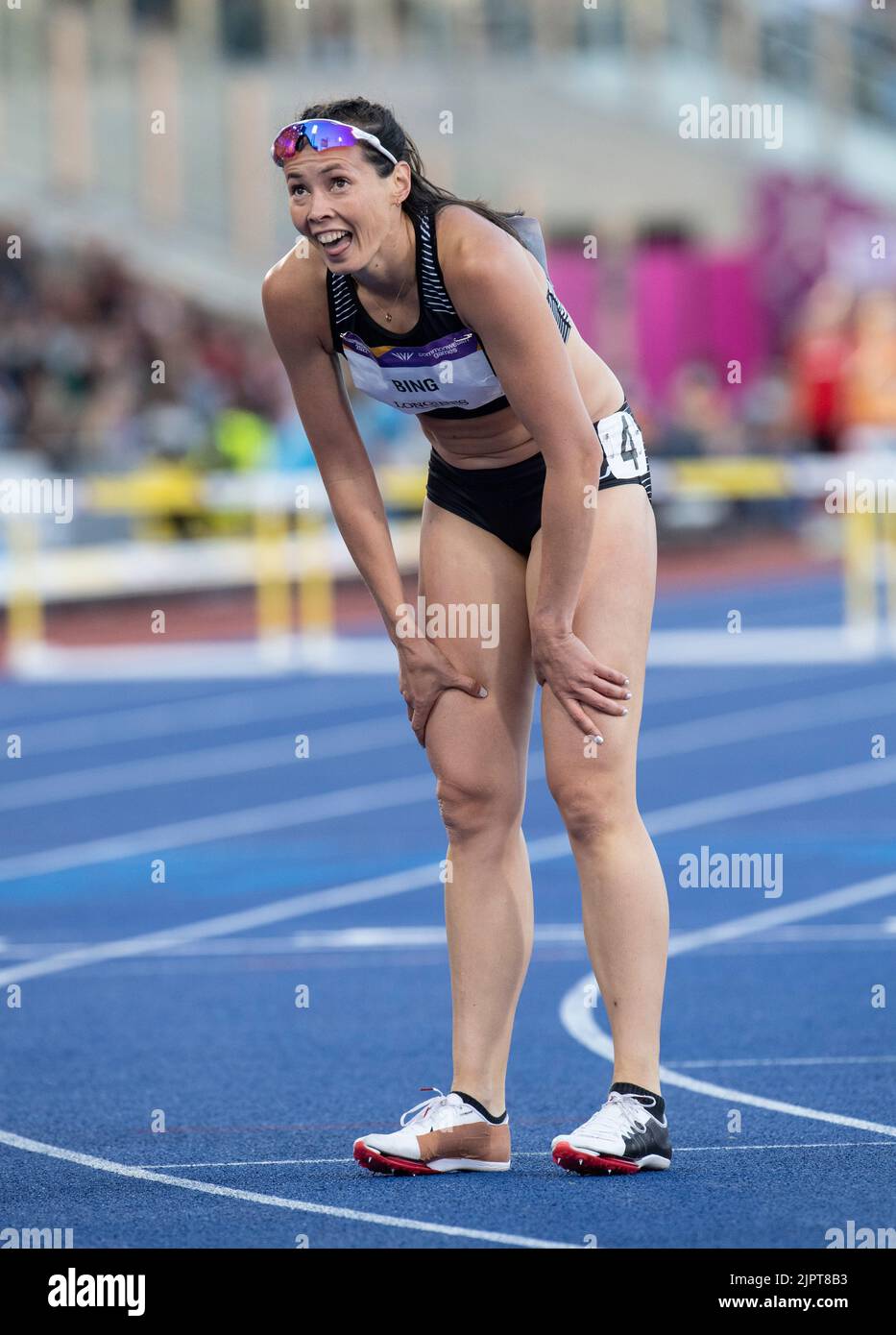 Portia Bing of New Zealand competing in the women’s 400m hurdles heats at the Commonwealth Games ...
