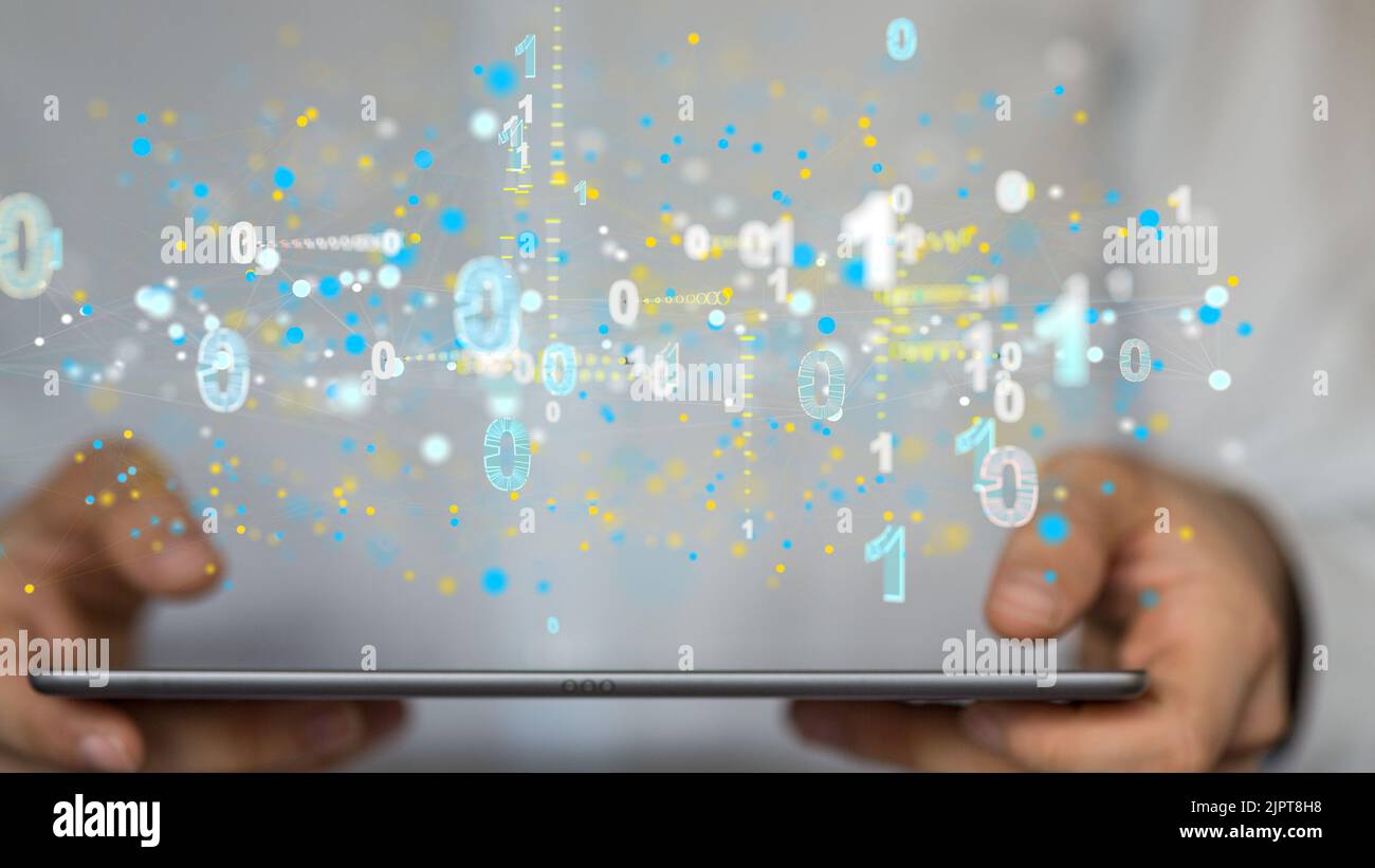 A scattered network of digital numbers and links floating on a gadget ...
