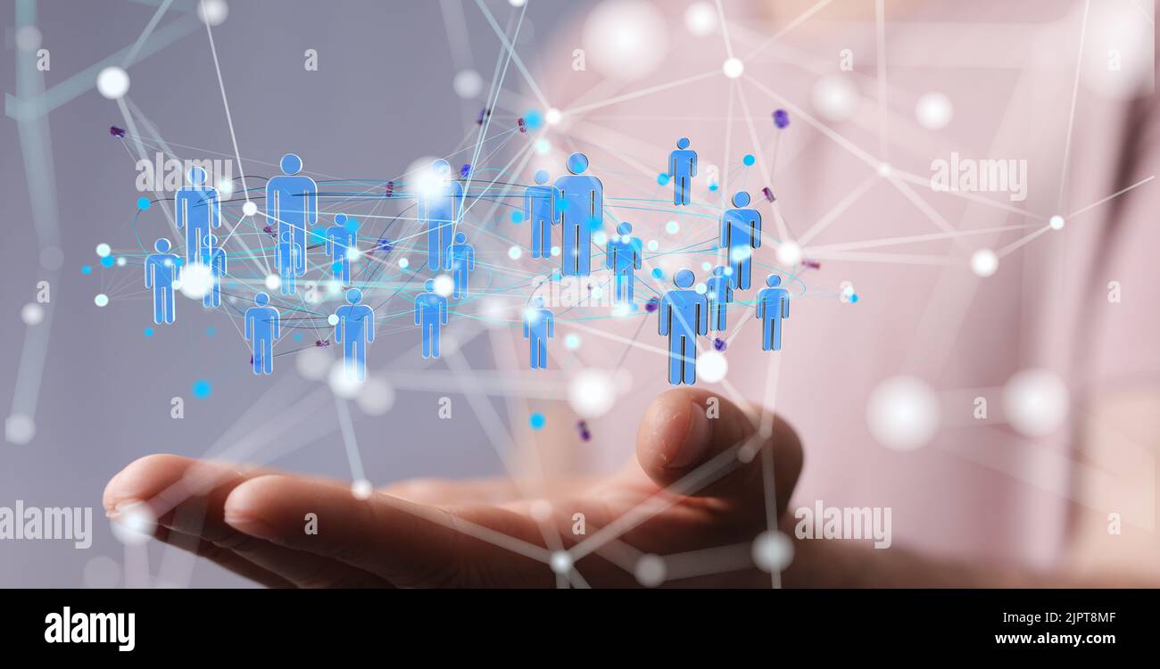 A group of human icons and symbols connected on a web floating on a man ...