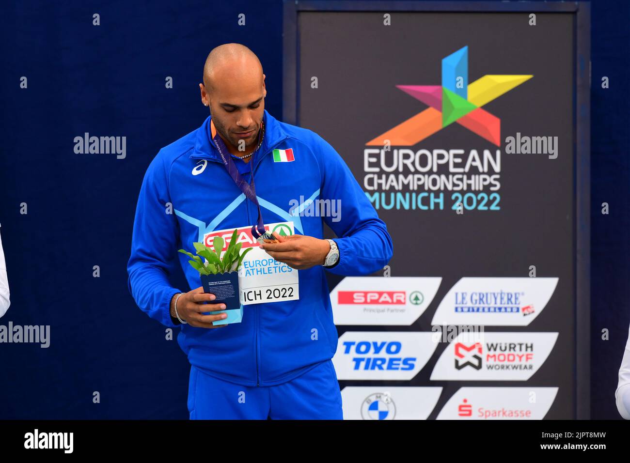 Lamont Marcel Jacobs of Italia Team in action during in Medal Ceremony ...